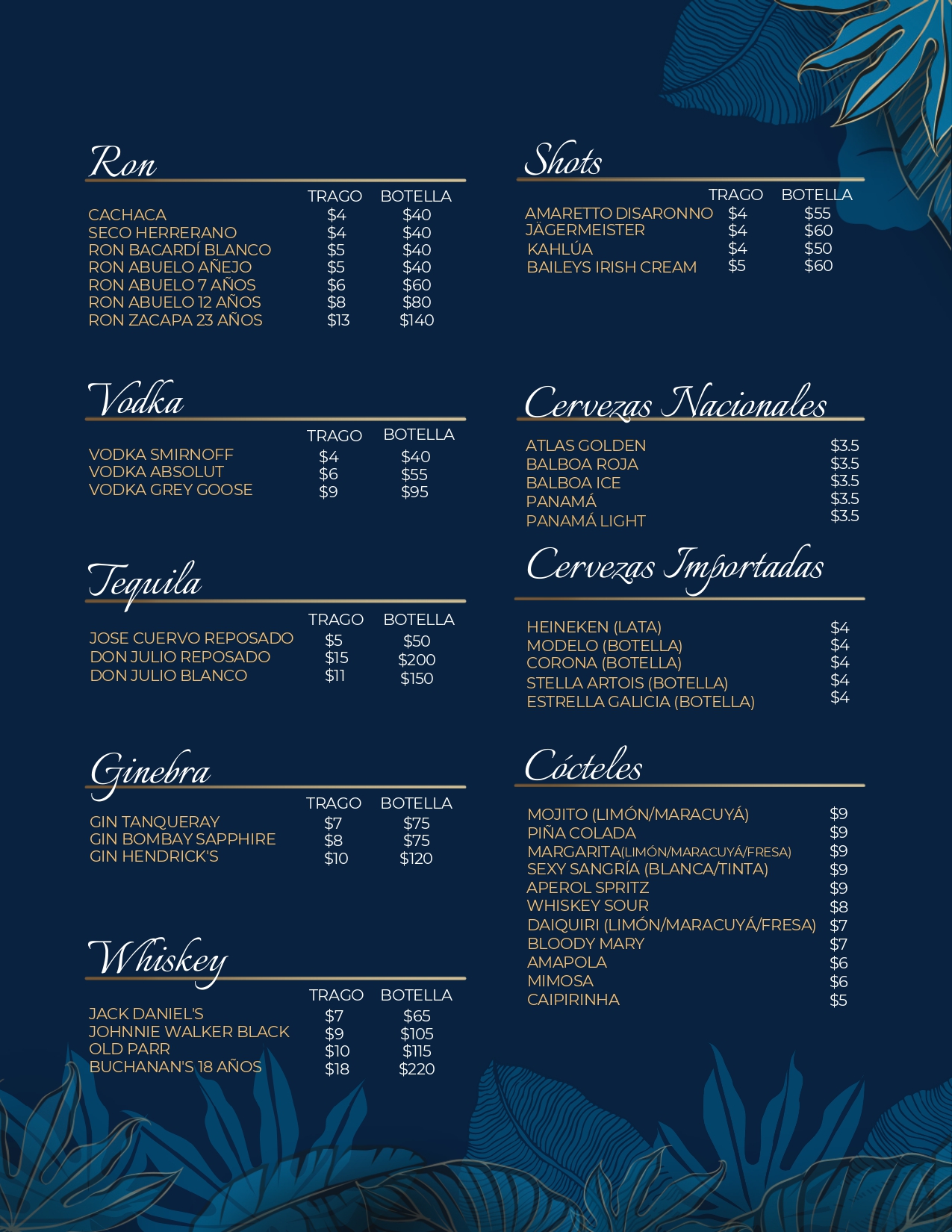 Menú Surfside – Radisson Riviera Panama